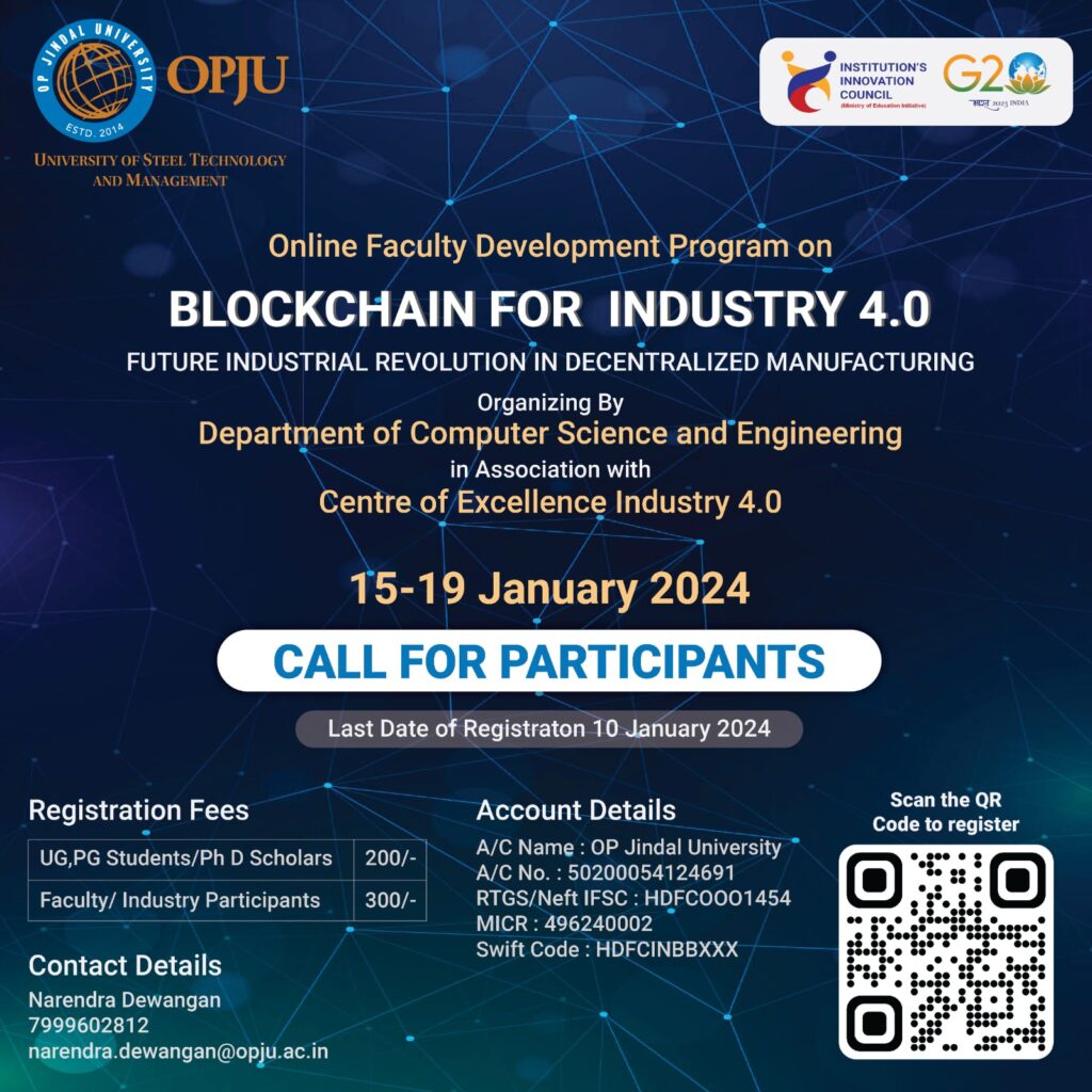 Online FDP on Blockchain for Industry 4.0 at OP Jindal University